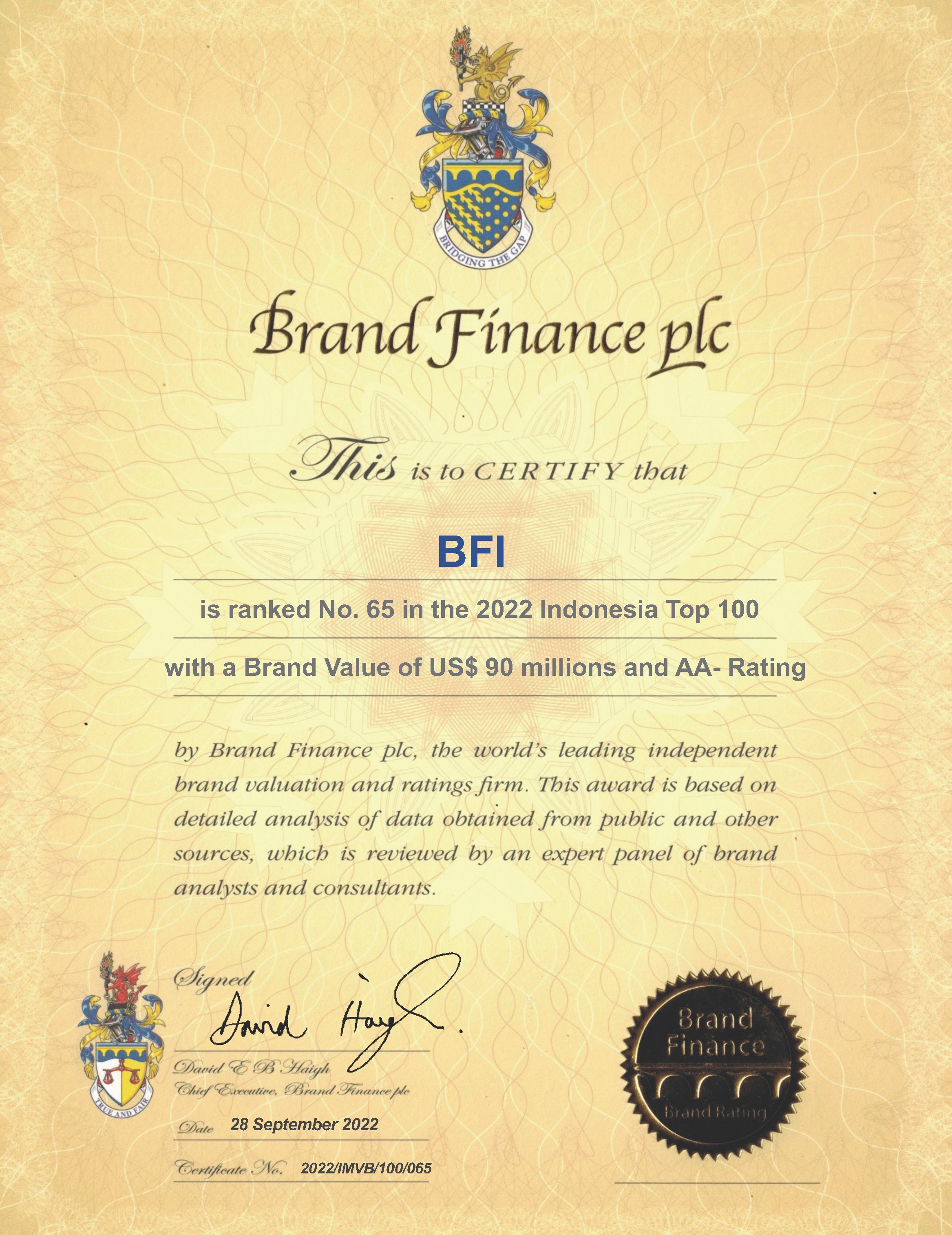BFI Finance Kembali Raih Predikat “Top 100 Most Valuable Brands”